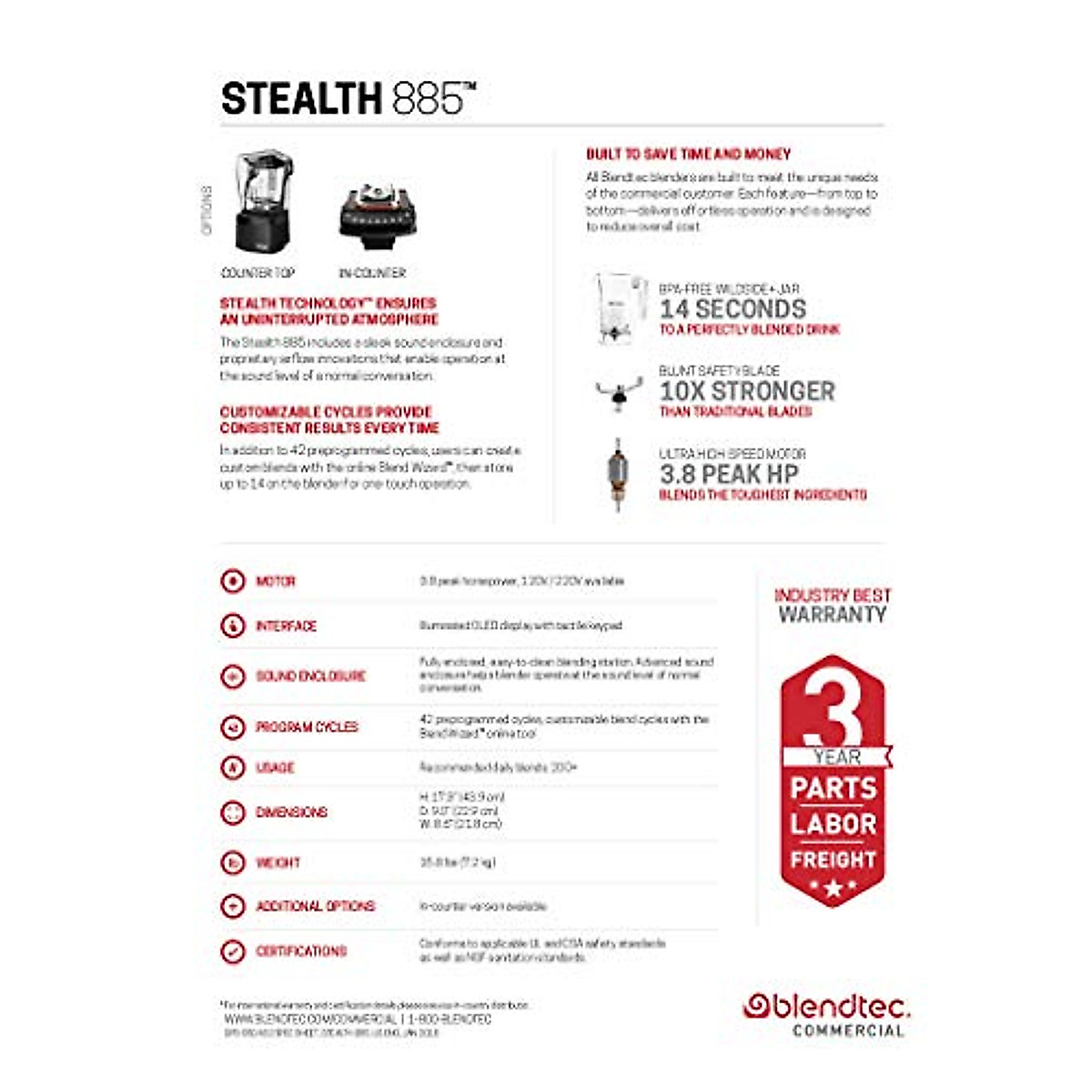 Blendtec S885C2901-B1GB1A Stealth Countertop Blender with 2 Fourside Jars, Black