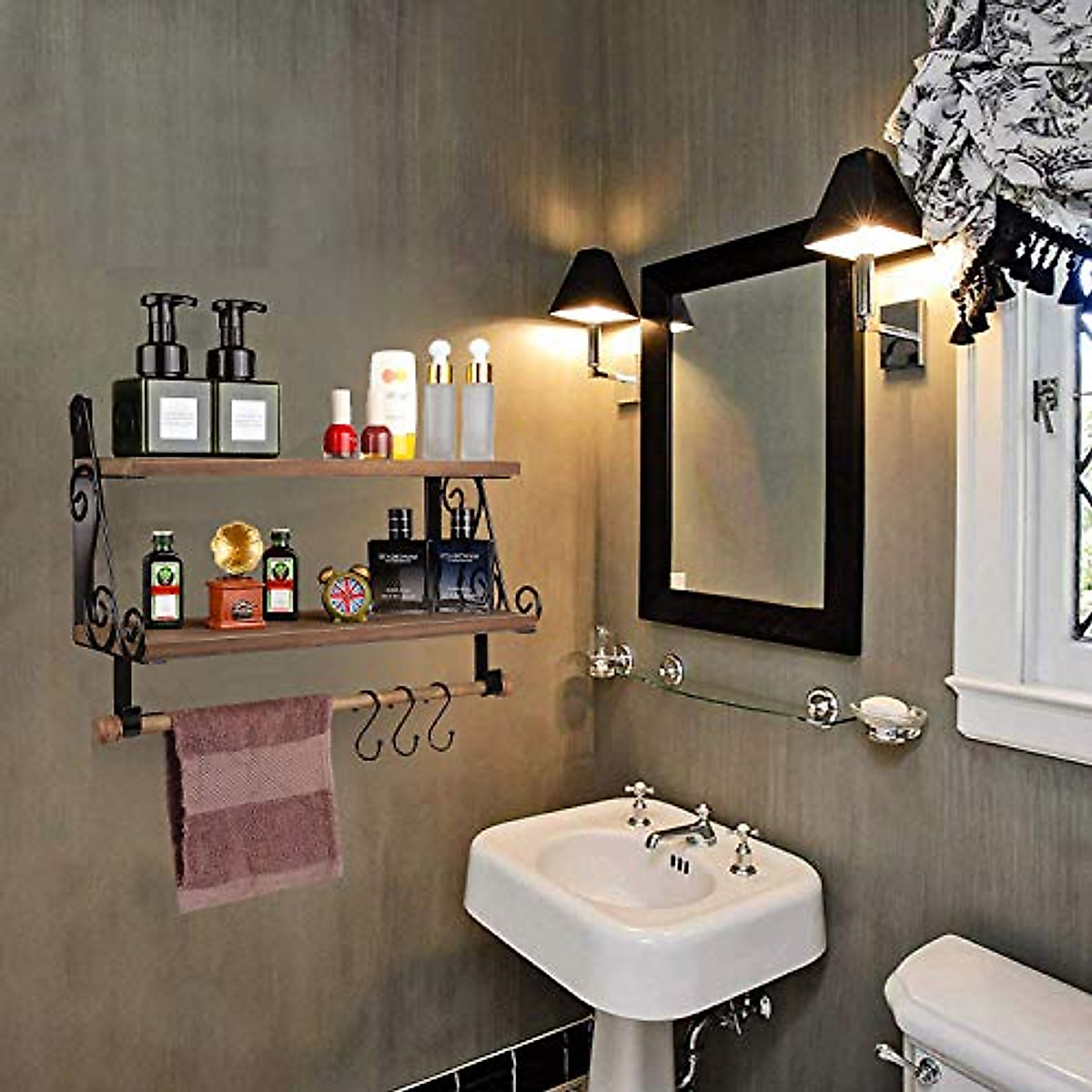 Hoanvi Floating Shelves with Towel Bar for Bathroom Décor Organizer, Wall Mount Shelves with 8 Hooks for Kitchen Spice Rack Storage, Wooden Wall Hanging Shelf for Bedroom, Living Room.(Rustic, 2-Tier)