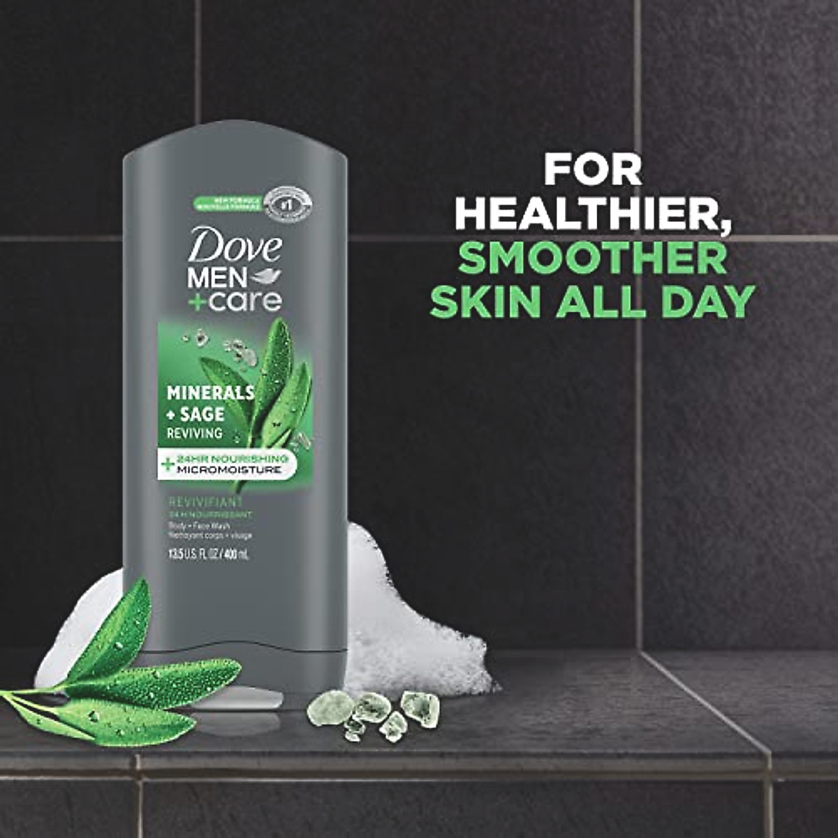 DOVE MEN + CARE Reviving Minerals & Sage Body and Face Wash with 24-Hour Nourishing Micromoisture Technology Body Wash for Men, 13.5 oz