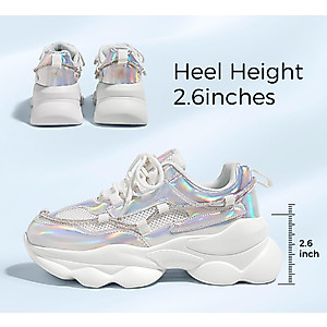 LUCKY STEP Women's 90s Chunky Sneakers Sparkly Bling Rhinestone Rope Platform Casual Thick Dad Rave Walking Shoes(Hologram Silver,7 B(M) US)