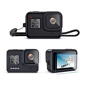 Accessories Kit for GoPro Hero 8 Black, Silicone Rubber Protective Case with Stretchable Lanyard + 6Pcs Ultra Clear Tempered Glass Screen Protector for Go Pro 8
