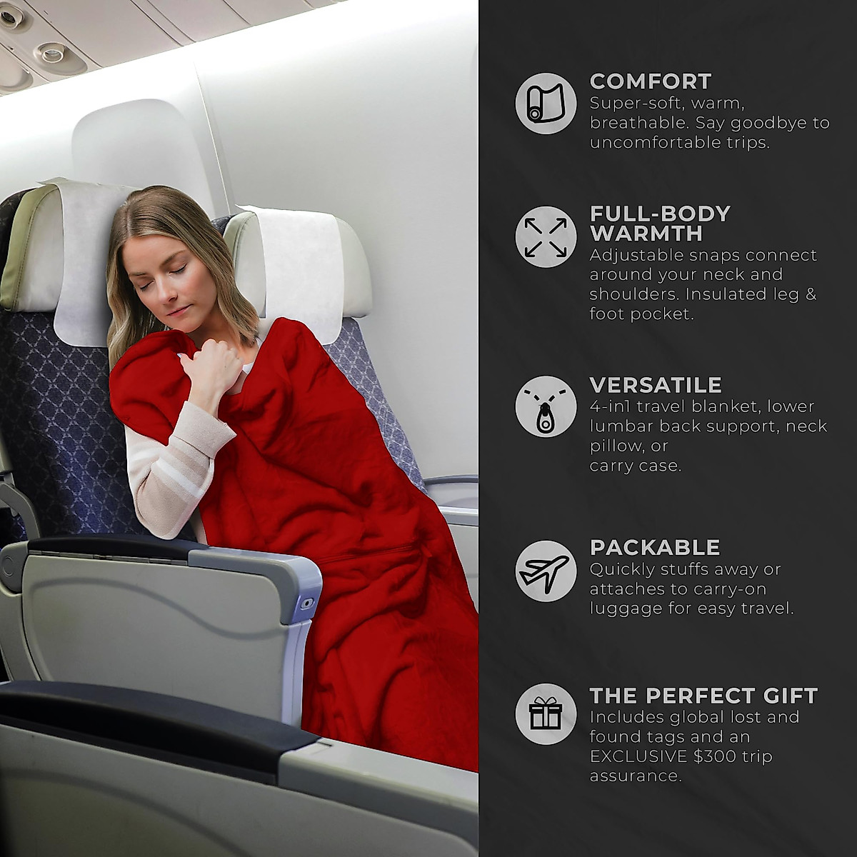 Zero Grid Premium Lightweight Wearable Super Soft Travel Blanket with Neck Snaps, Cozy Footpockets and Zipper Pouch, Compact Airplane with Luggage Strap Travel Blanket and Pillow Set