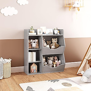 SUNNYFURN Kids 3-Tier Toy Storage Organizer Kids Bookshelf Double Side Toy Shelf Gray- 5 Compartment Bookshelf & Toy Shelf for Kids' Room, Bedroom, Living Room, and Kindergarten - for Toys and Books