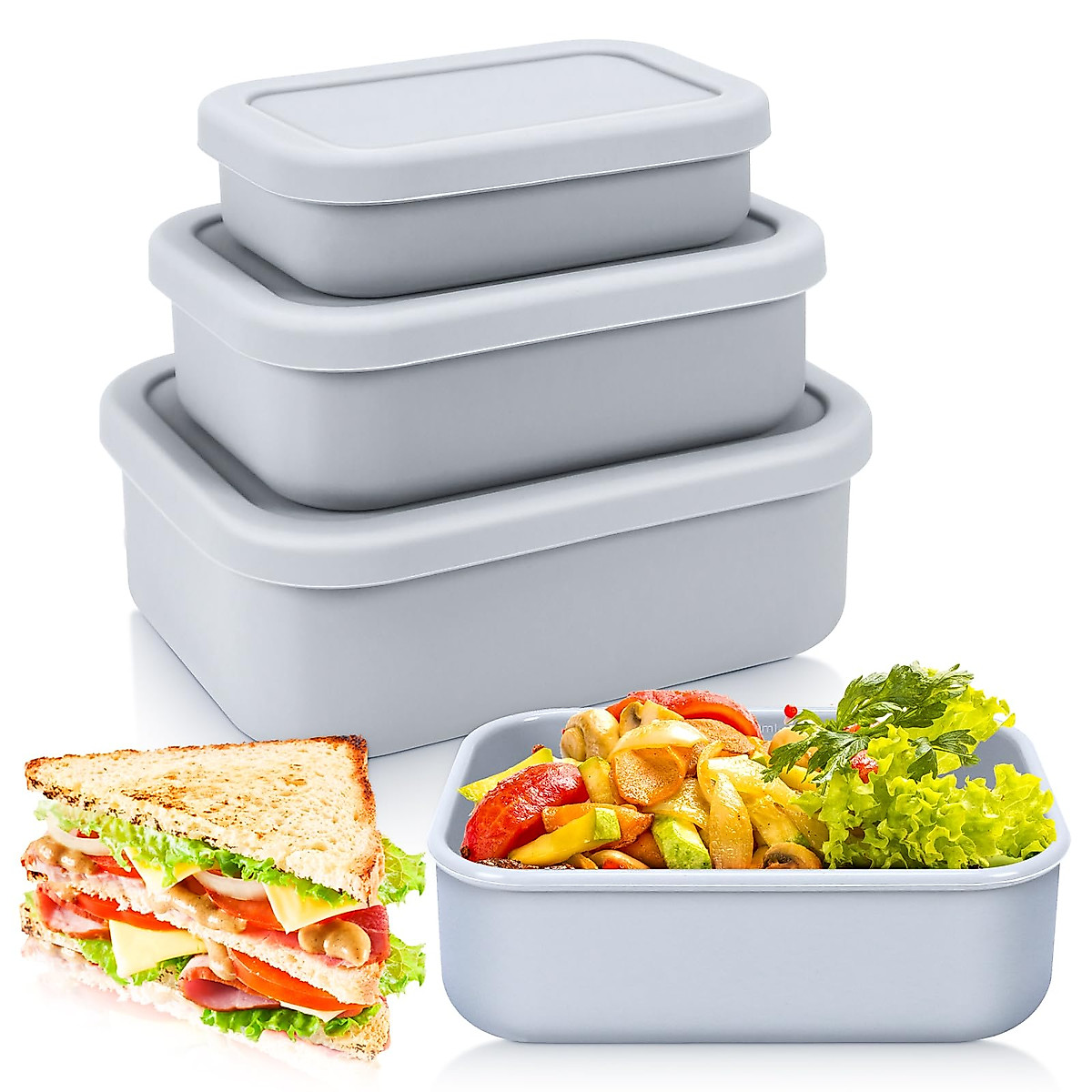 LeonBach Silicone Food Storage Containers, Set of 3 Rectangular Silicone Bento Lunch Boxes with Lids, Leak Proof, Dishwasher, Microwave, Freezer Safe (10oz, 24oz, 44oz)