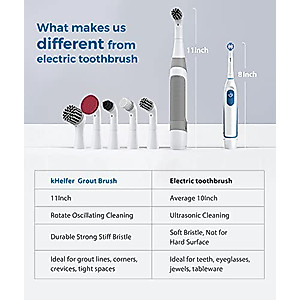 Electric Cleaning Brush, kHelfer KH6A Electric Grout Brush IPX7 Waterproof, 11″ Small Cordless Power Scrubber with 5 Replacement Brushes for Grout, Tile Crevice, Corners, Bathtub, Kitchen Bathroom