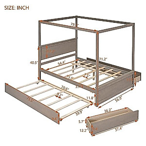 WADRI Modern Full Size Canopy Platform Bed with 2 Drawers and Trundle Bed, Wood Canopy Platform Bed with Support Slat, 4-Post Canopy Platform Bed Frame for Kids Teens Adult, No Box Spring Needed