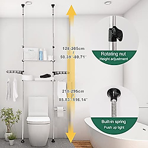 Hershii 2 Tier Over The Toilet Storage Rack Laundry Shelf Double Tension Poles Above Washer Dryer Organizer Unit Bathroom Space Saver Clothes Hanger Rods, Adjustable Height & Width - Black