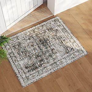 Rugcomf 2x3 Rug Washable Boho Rug Soft Small Area Rug Non-Slip Non-Shedding Faux Wool Vintage Rug for Door Mat, Kitchen, Floor, Entryway, Powder Room (Grey and Brown)