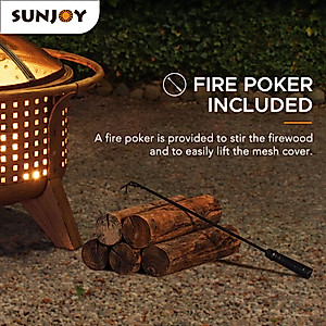 Sunjoy Fire Pit 30 in. Outdoor Wood-Burning Fire Pit, Patio Woven Round Steel Firepit Large Fire Pits for Outside with Spark Screen and Poker