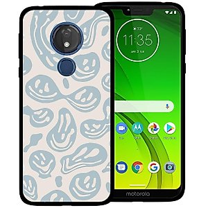 zaztify Phone Case for Motorola Moto G7 Power/Supra/Optimo Maxx, Pastel Beige Blue Funny Trippy Dripping Smile Melted Hippie Smiling Skull Ghost Face Cute Shockproof Protective Soft Cover Shell