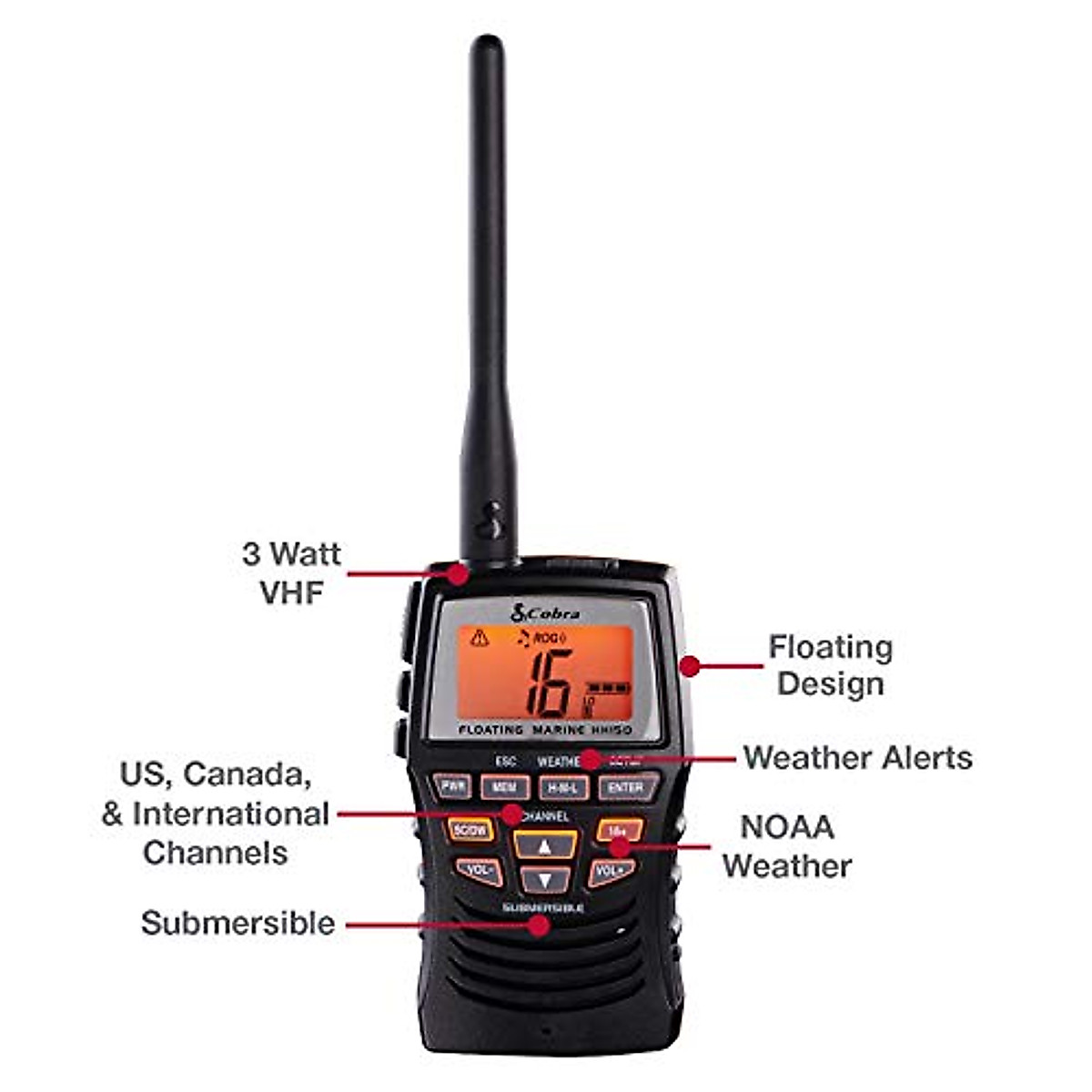 Cobra Marine Radio - MR HH150 FLT - 3 Watt, Floating, Long Range, Handheld, VHF Radio, NOAA, International, Waterproof, Submersible, Weather Alerts, LCD Screen, Belt Clip