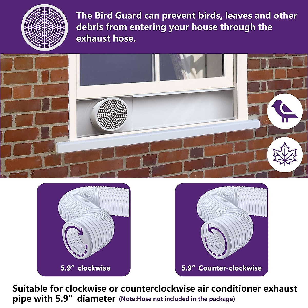 Portable Air Conditioner Window Kit with Bird Stop Coupler,AC Vent Kit Compatible with 5.9'' Diameter Exhaust AC Hose,Adjustable AC Replacement Seal Plate for Sliding,Hung Windows