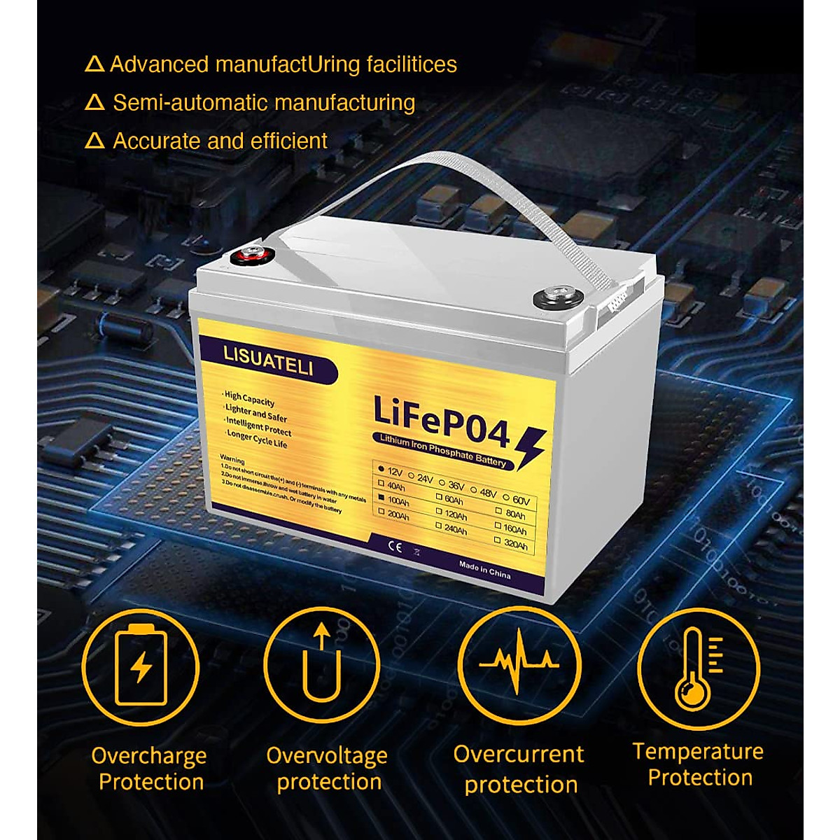 LISUATELI LiFePO4 Battery lithium batteries 12v100AH over 8000 Deep Cycles Iron Phosphate Battery Low Temp Protection Support in Series/Parallel for RV Camper Solar Golf Cart Marine Battery 100A BMS