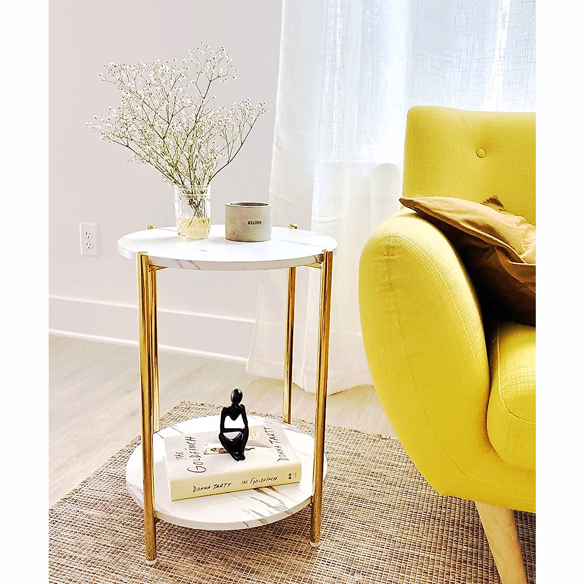 Gold End Table Faux Marble Side Table Small Round Nightstand for Living Room or Bedroom Modern Accent Table with Gold Metal Frame