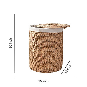 Round Woven Wicker Laundry Hamper with Lid - Large Water Hyacinth Storage Wicker (Natural Brown, 15"L x 15"L x 20"H)