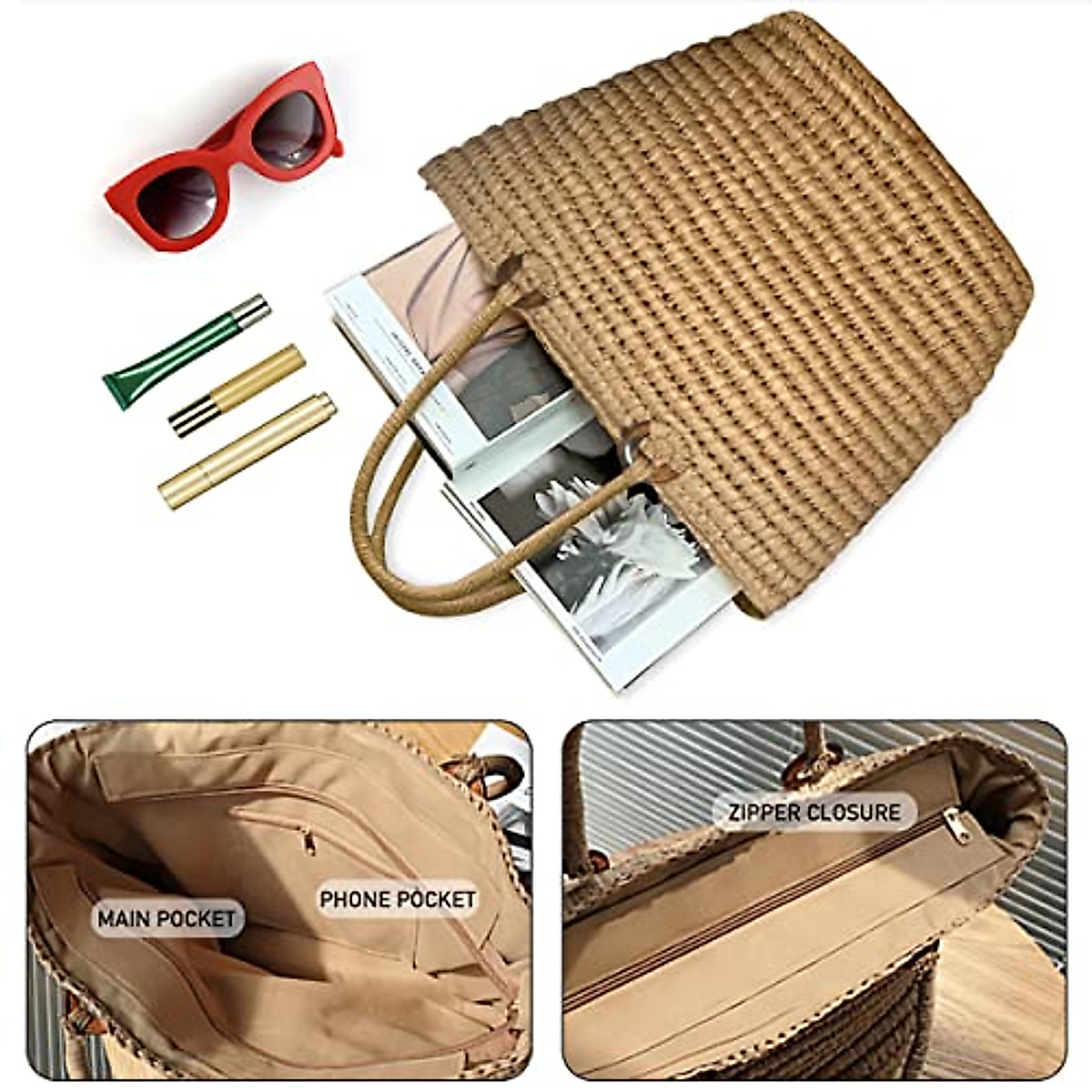 VSUVUR Women Large Woven Straw Beach Tote,Hand-Woven Straw Handbag, Handmade Weaving Shoulder Bag,Summer Beach Bag