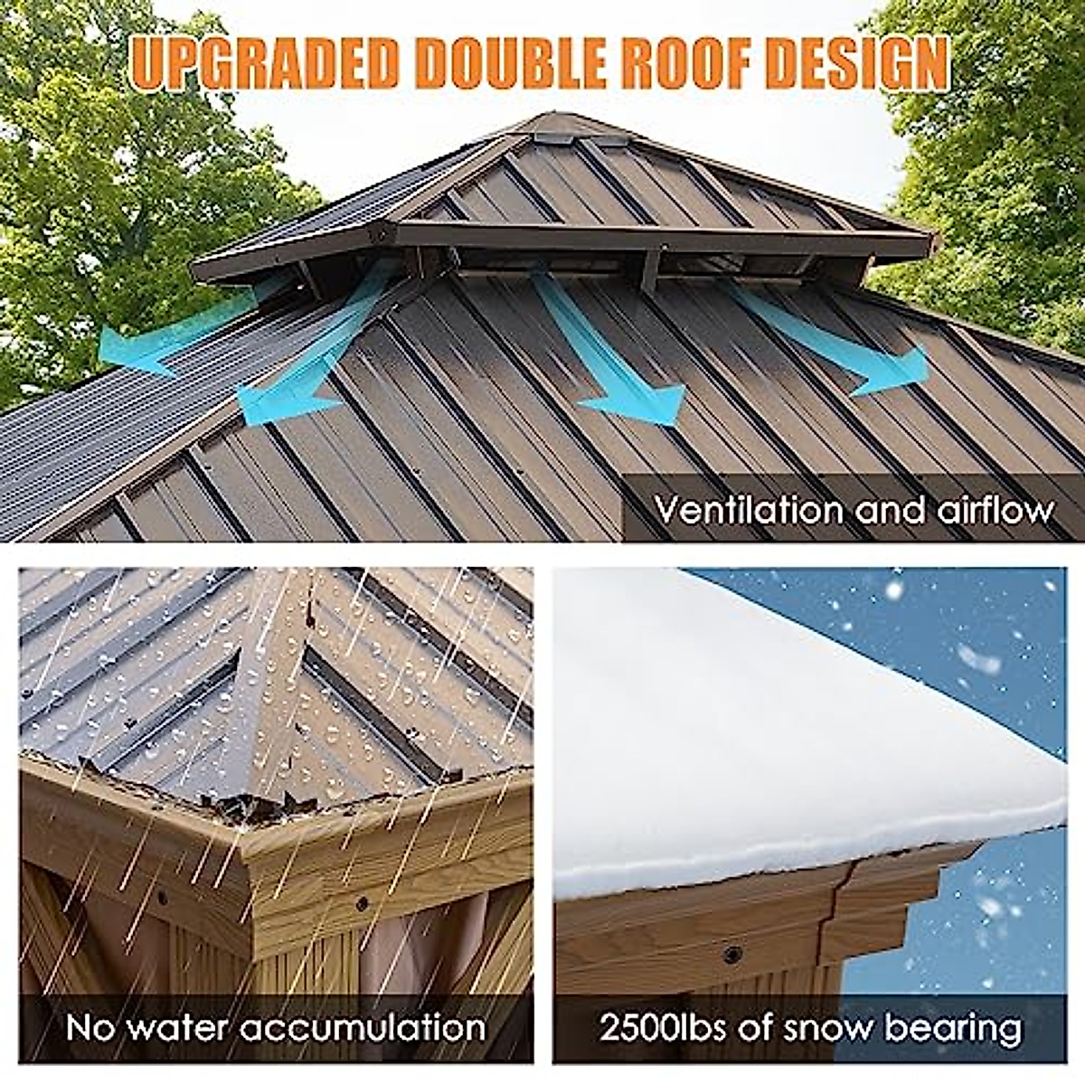 12x12FT Outdoor Gazebo with Double-tiered Roof and Curtains, Permanent Hardtop Pergola with Steel Canopy, Pavilion Gazebo with Metal Nets and Drainage Ditch Design for All Seasons, Backyard, Bronze