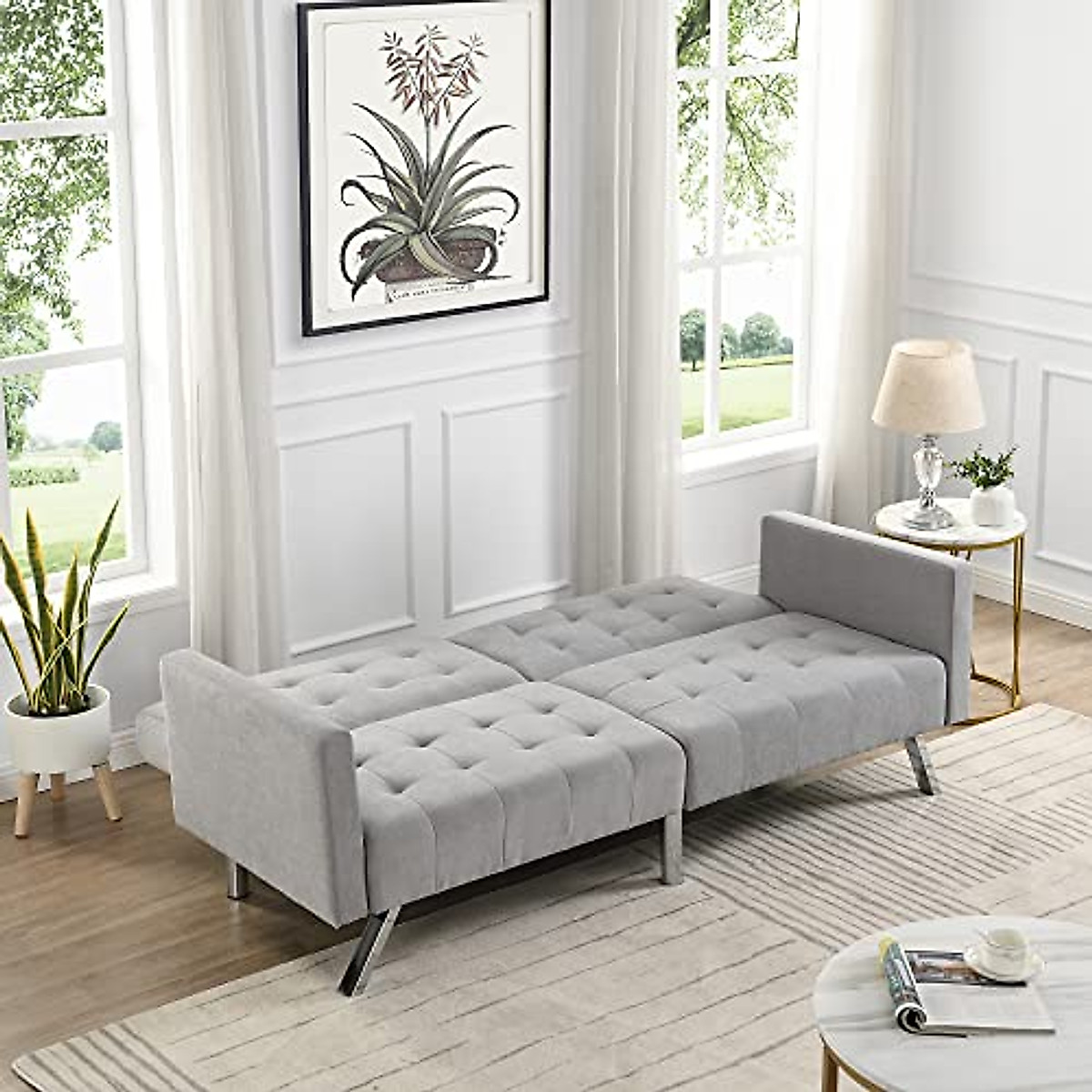 75"Convertible Folding Futon Sofa Bed,Split Back Design,Modern Fabric Sleeper Couch Bed with Armrest and Chrome Legs,Upholstered Recliner Loveseat for Living Room Apartment Dorms Office (Light Grey)