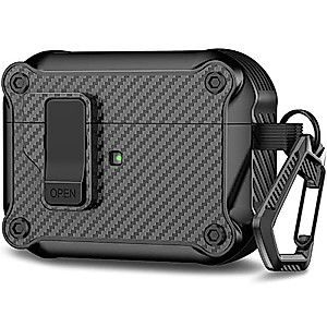 RFUNGUANGO AirPods Pro 2nd /1st Generation Case Cover, Automatic Pop-up Carbon Fiber Case with Secure Lock Clip, Full Body Shockproof Hard Shell Protective Case for AirPods Pro-Black