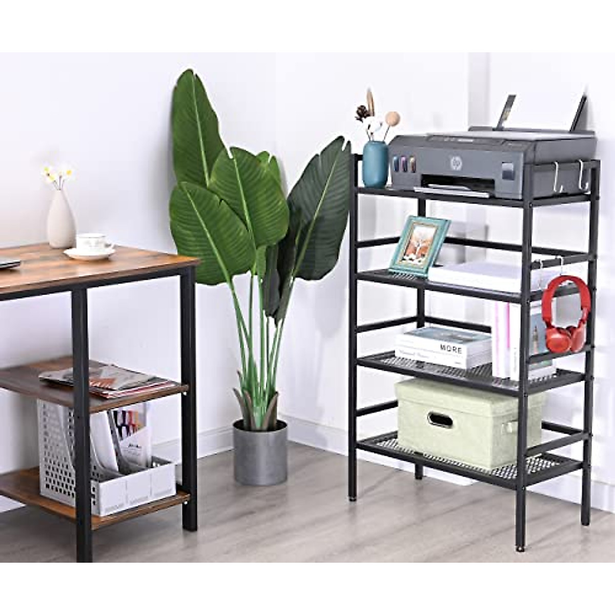 37.4" Metal Storage Shelf Rack Adjustable Height 4-Tier Utility Kitchen Standing Shelving w/ 4 Hooks, Shoe Rack heavy Duty for Laundry Bathroom Garage Pantry Load upto 83LBS per Tier, Matte Black