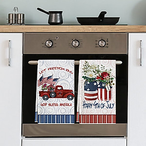 AnyDesign Happy 4th of July Kitchen Towel God Bless America Dish Towel 18 x 28in Patriotic American Flag Truck Flower Vase Hand Drying Tea Towel for Independence Day Memorial Day Cooking Baking, 2Pcs