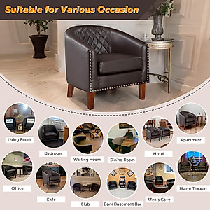 Prilinex Comfy Barrel Accent Chair Set of 2 - Faux Leather Living Room Chair Club Chair with Cushion, Diamond Grid Backrest & Nailhead Trim, Guest Chair for Office, Bedroom & Waiting Room, Brown