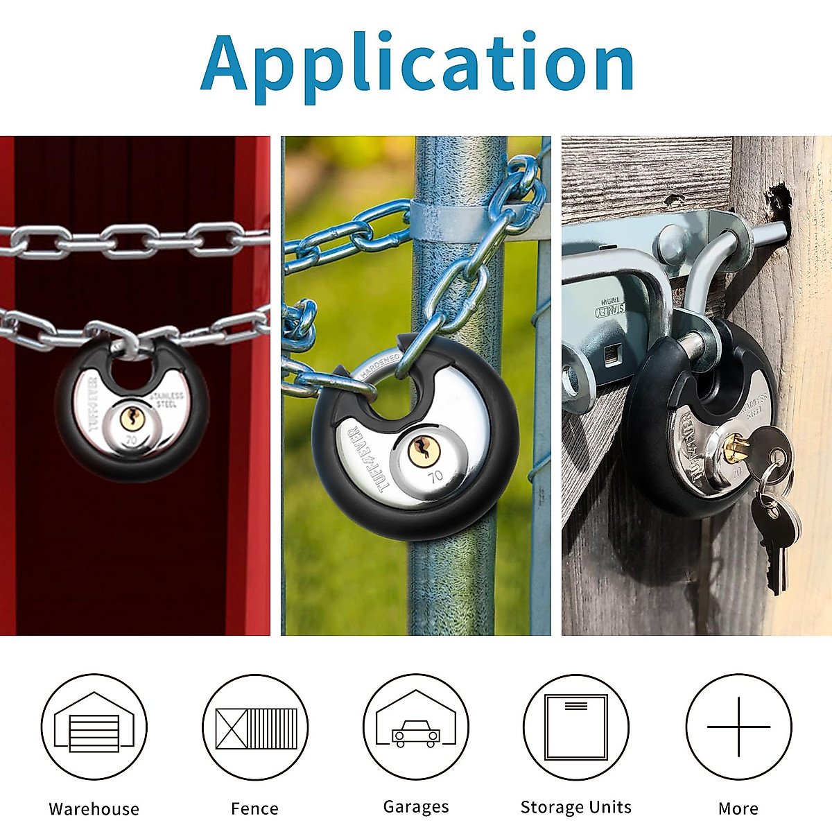 Tuff4ever 70mm Disc Padlock with Stainless Steel 3/8-Inch Shackle Heavy Duty Lock Round Outdoor Lock Storage Unit Lock Black Rubber Bumper with 3 Keys