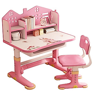 NEREIDS NET Kids Desk Chair Set,Small Desk,Standing Desk, Desk Chair Set Widened Children Desktop Height Adjustable School Study Desk with Castle Backboard,Bookstand and Storage Drawer Pink