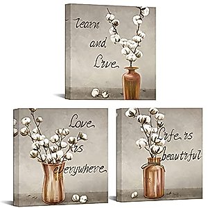 Nachic Wall 3 Piece Farm Wall Art Vintage Cotton Flowers Painting Picture Prints on Canvas Rustic Life Love Quotes Brown Artwork for Farmhouse Living Room Kitchens Wall Decor Framed Ready to Hang