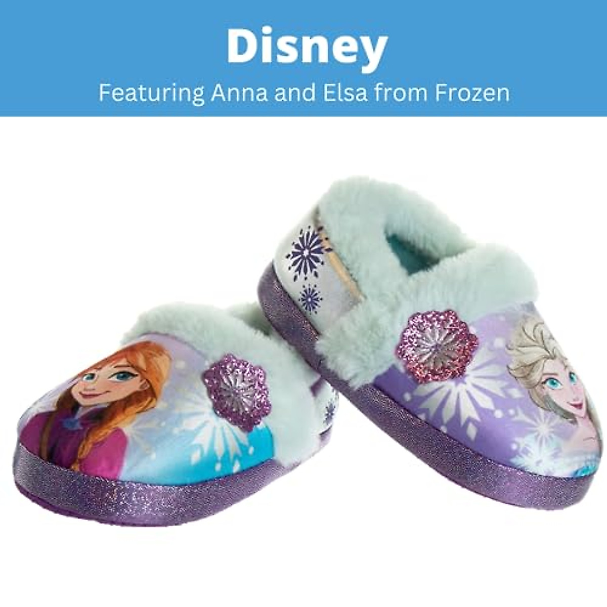 Disney Girls' Frozen Slippers - Plush Fuzzy Elsa and Anna Slippers with Non-Skid Soles (Toddler/Little Kid), Size 9/10, Purple Blue Glitter