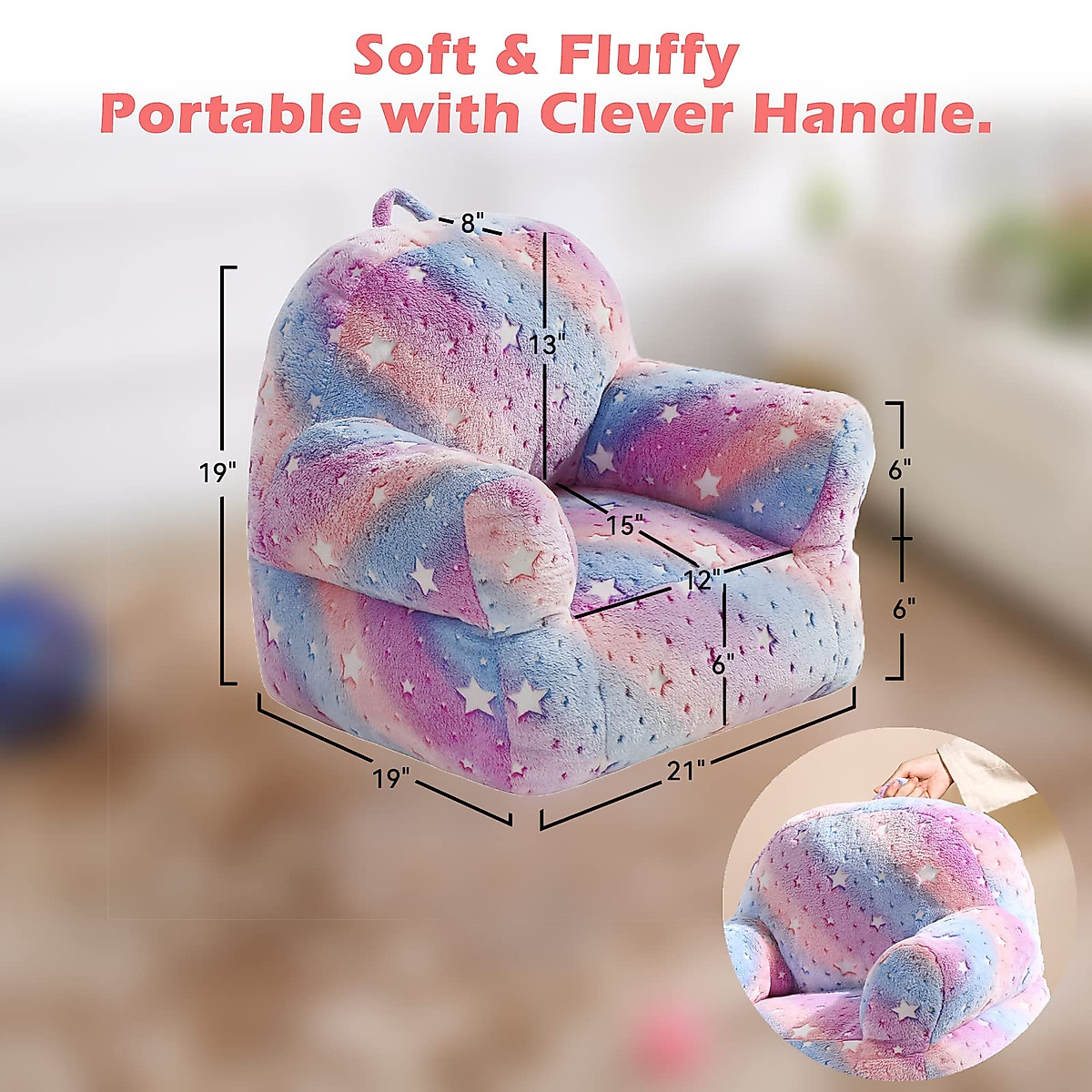 fond + found Toddler Chair, Glow in The Dark Kids Sofa Bean Bag Chair for Kids Children Couch Toddler Sofa Chair Mini Sofa Armrest Chair for Children, Lightweight Children Sofa Chair (Rainbow Pink)