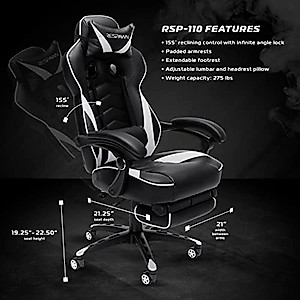 RESPAWN 110 Ergonomic Gaming Chair with Footrest Recliner - Racing Style High Back PC Computer Desk Office Chair - 360 Swivel, Adjustable Lumbar Support, Headrest Pillow, Padded Armrests - 2019 White