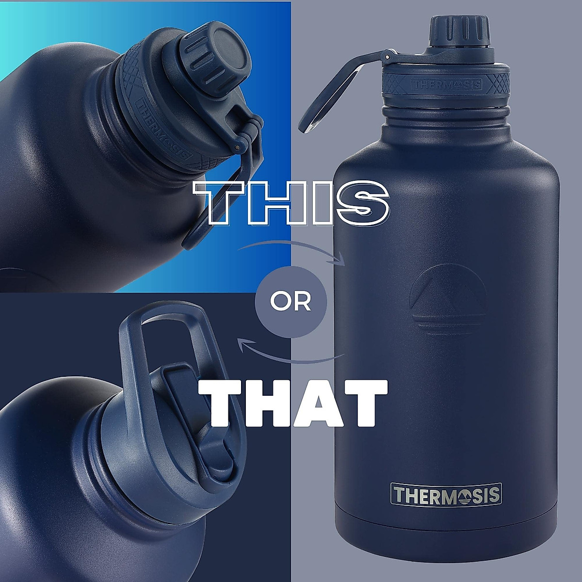 Thermosis 64 Oz insulated water bottle Stainless Steel Water Bottle with Straw & Holder Strap - Includes 2 Lids water bottles - Leak Proof coldest water bottle for Men & Women - Navy Blue