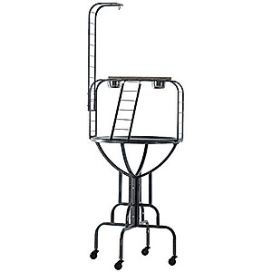 PawHut Rolling Bird Perch Play Stand with Universal Wheels, Wooden Perch Ladders, & Stainless Steel Feeding Cups, Grey