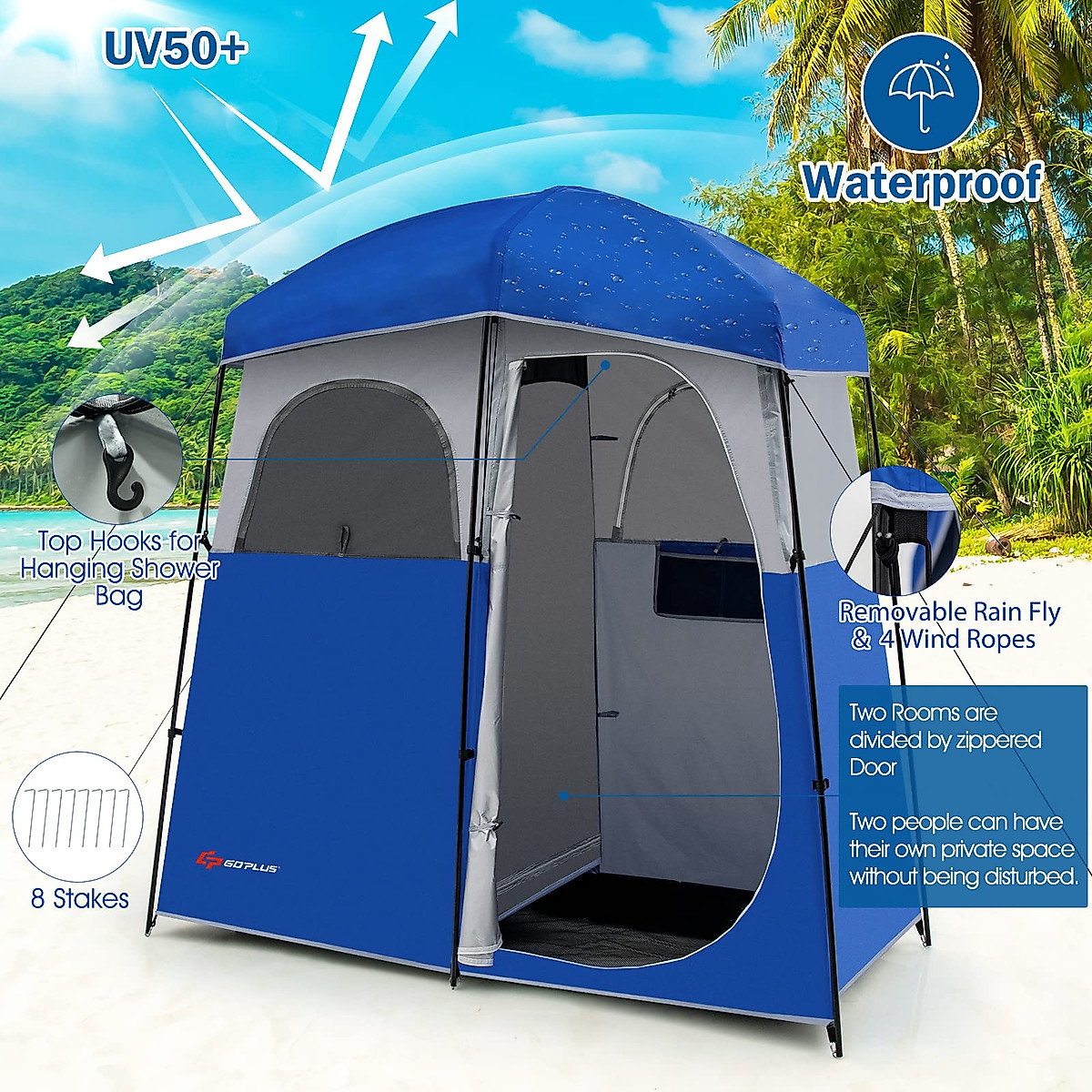 Goplus 2 Room Shower Tent, Portable Camping Changing Tent with Floor Drain,Detachable Rain Fly, Stakes & Ropes, UV Protection, Water Resistant Privacy Tent for Outdoor Toilet, Dressing, 7’ x 3.5” x 7’