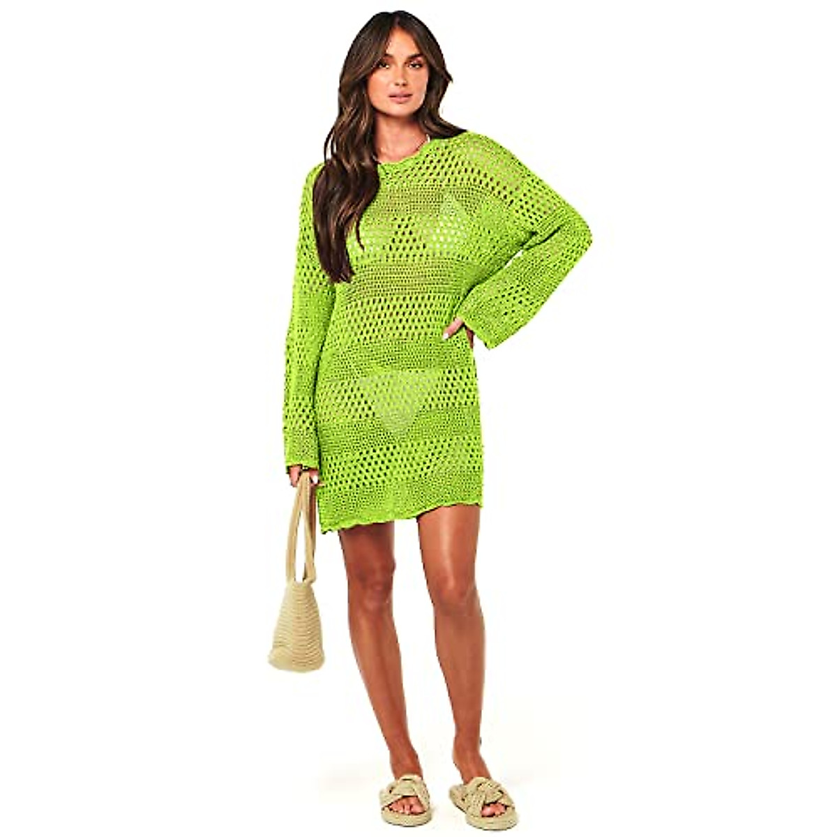 ANRABESS Women Swimsuit Crochet Swim Cover Up Summer Bathing Suit Swimwear Knit Pullover Beach Dress 958yingguanglv-L