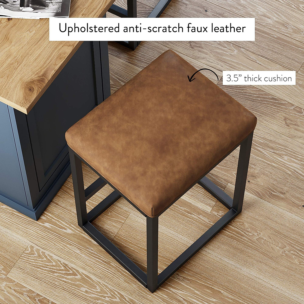 Nathan James Nelson Bar Stool with Leather Cushion and Metal Base, 24", Warm Brown/Black