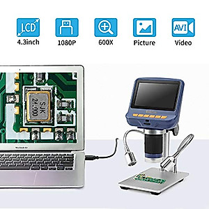 Koolertron 4.3 inch LCD Digital Microscope,10X-220X Magnification Zoom Coin Microscope,8 LED Adjustable Light &Fill Lights,1080P Camera Video Microscope for PCB/Watch Repairing/Plant/Rock Observing