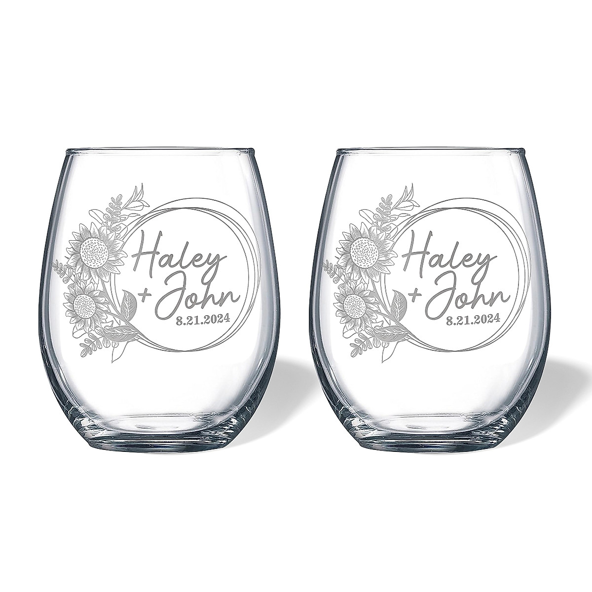 Alterd Industries Personalized Wedding Set - Sunflower Wine Glasses, Engraved Wedding Glasses, Personalized Wedding Gift, Anniversary Gift, Flowers, Couples Gift, Bride (21oz Stemless Wine Glasses)