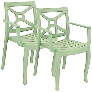 Sunnydaze Tristana Plastic Outdoor Patio Arm Chair - Set of 2 - Outdoor Furniture for Porch, Deck, Balcony, Lawn, Backyard, Garden and Sunroom - Stackable Seating - Green