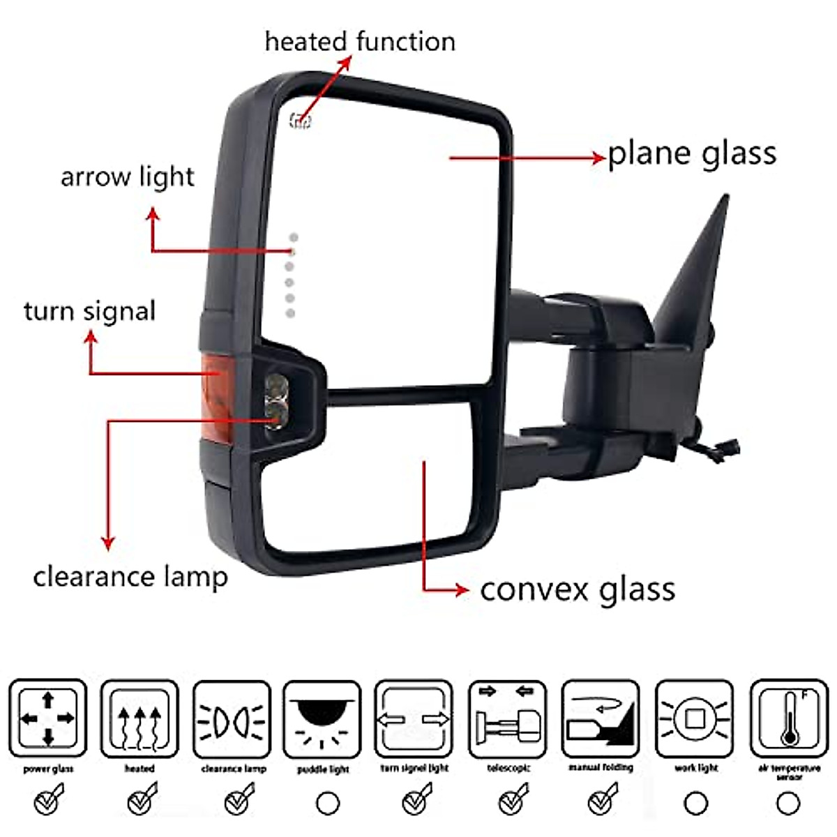 Perfit Zone 2007-2014 Silverado Sierra Towing Door Side Mirrors Power Heated LED Signal Lamps Passenger Right Side Driver Left Side Tow Mirror Pair Set