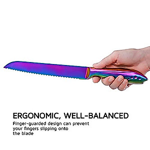 WELLSTAR Bread Knife 8 Inch, Serrated Bread Cutter, Ultra Sharp German Stainless Steel Blade and Comfortable Handle with Rainbow Titanium Coated for Slicing Breads Loaves Bagel Cake and Large Fruit