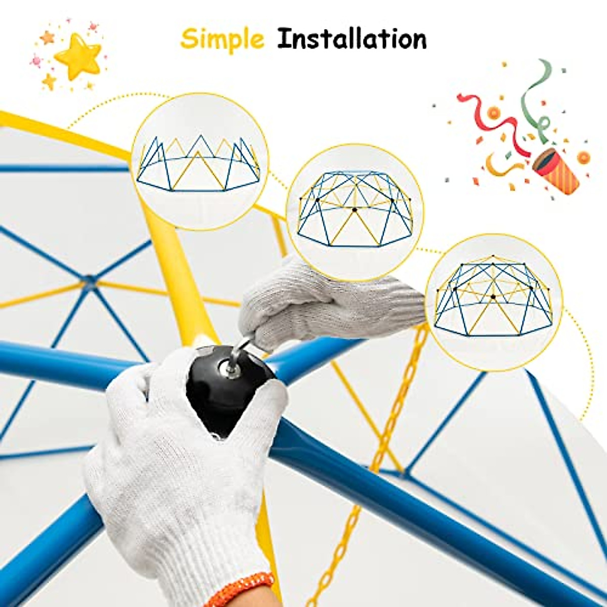 GLACER 10 FT Climbing Dome, Indoor & Outdoor Geometric Dome Climber with Swing, 800 lbs Weight Capacity, Easy Assembly Playground Jungle Gym for Kids Aged 3-10 Years Old, Blue + Yellow