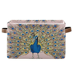 STAYTOP Large Storage Basket Peacock Painting Collapsible Toy Storage Bins Waterproof Laundry Basket with Handle,Used for Home Closets, Offices, Bedrooms 1PCS