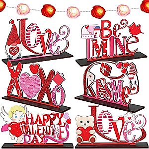Jetec 7 Pieces Valentine's Day Table Decorations Set Wooden Heart Table Centerpiece Love Wood Sign with LED Rose Lamp String Light Valentine Decorations for Home Anniversary Wedding Party Decors