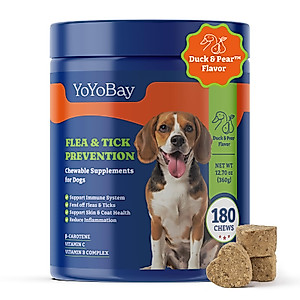 YoYoBay Flea and Tick Prevention for Dogs Chewable - 180 Soft Chews, Duck & Pear Flavor - Dog Flea and Tick Treatment Chewable, Natural Defense- Dog Immune Support Supplement