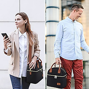 Hafmall Insulated Lunch Bag for Women/Men, Dual Compartment Adult Lunch Box for Work, Reusable Lunch Tote Bag with Shoulder Strap, Black