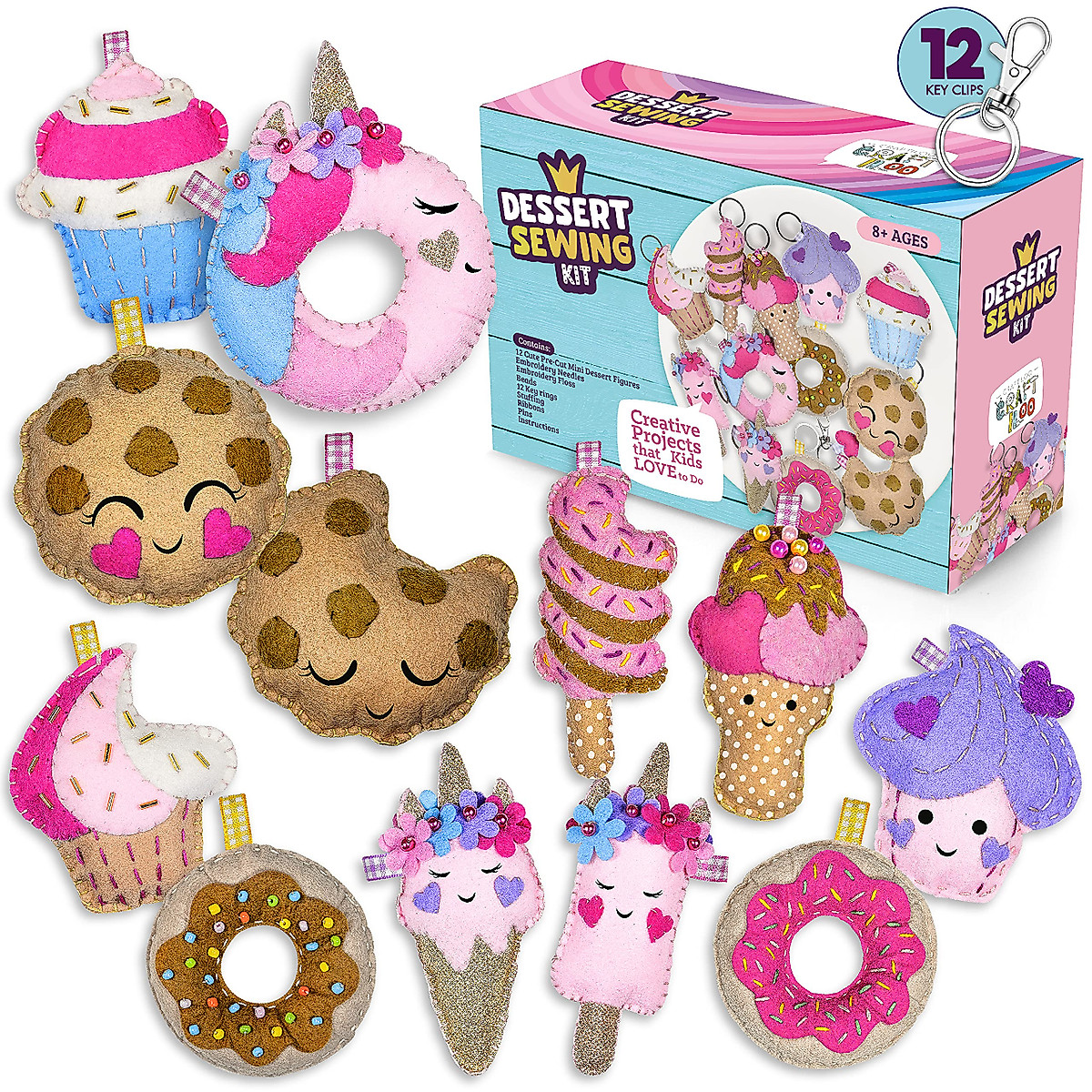 12 Pre-Cut Mini Treats Dessert Fun Kids Sewing Kit for Kids Ages 8-12 Children Beginners Sewing kit kid crafts Make Your Own Felt Pillow Plush Craft Kit Girls and Boys Art Craft Kits Learn to Sew Kit