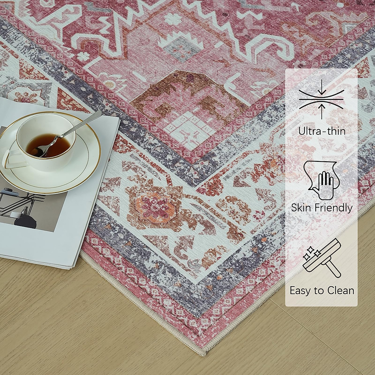 BRICHOEE 8x10 Rugs for Living Room Boho Washable Rug Large Non-Slip Distressed Area Rug Oriental Neutral Print Floor Rug Indoor Stain Resistant, Berry Multi