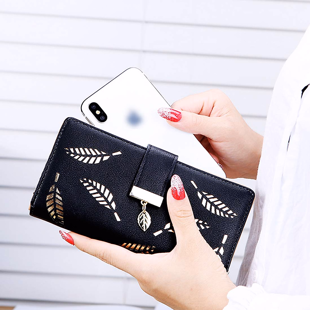 Wallet-NEWANIMA Women Multi-card Two Fold Long Zipper Clutch Purse (Style9-Black)